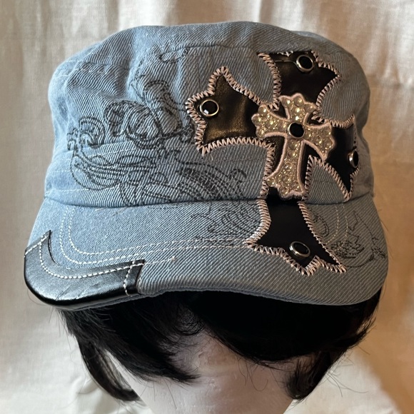 Accessories | Light Blue Denim Cap With Leather Crosd | Poshmark
